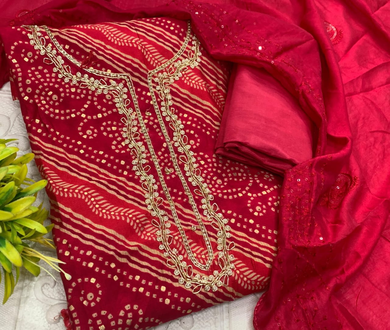 Red Colour MASLIN DIGITAL PRINT NECK HANDWORK - buybazar99